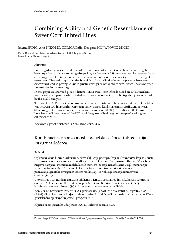 (PDF) Combining Ability and Genetic Resemblance of Sweet Corn Inbred Lines