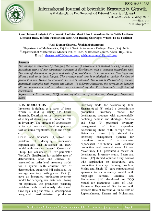 (PDF) Correlation Analysis Of Economic Lot Size Model For Hazardous ...