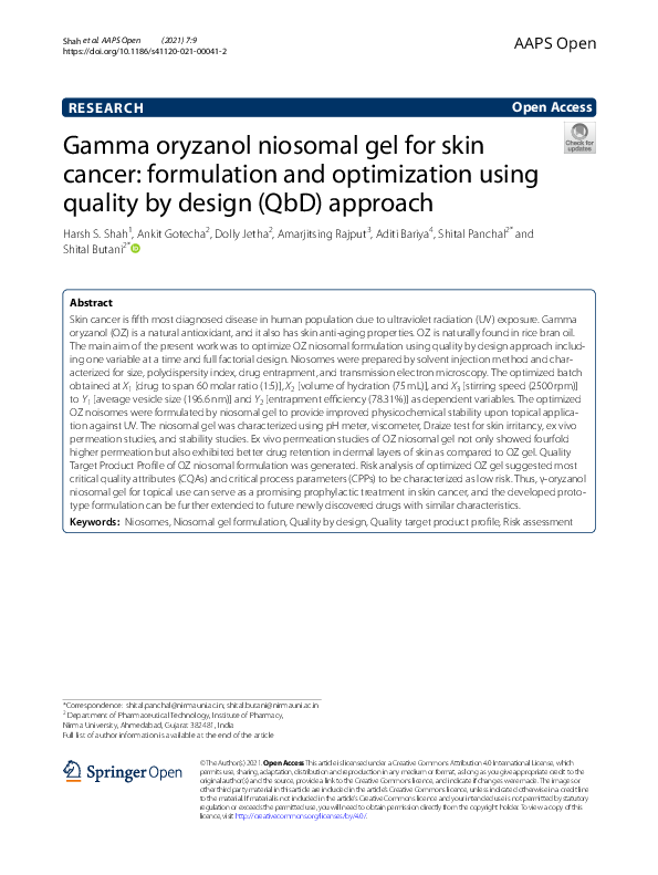 Pdf Gamma Oryzanol Niosomal Gel For Skin Cancer Formulation And Optimization Using Quality By