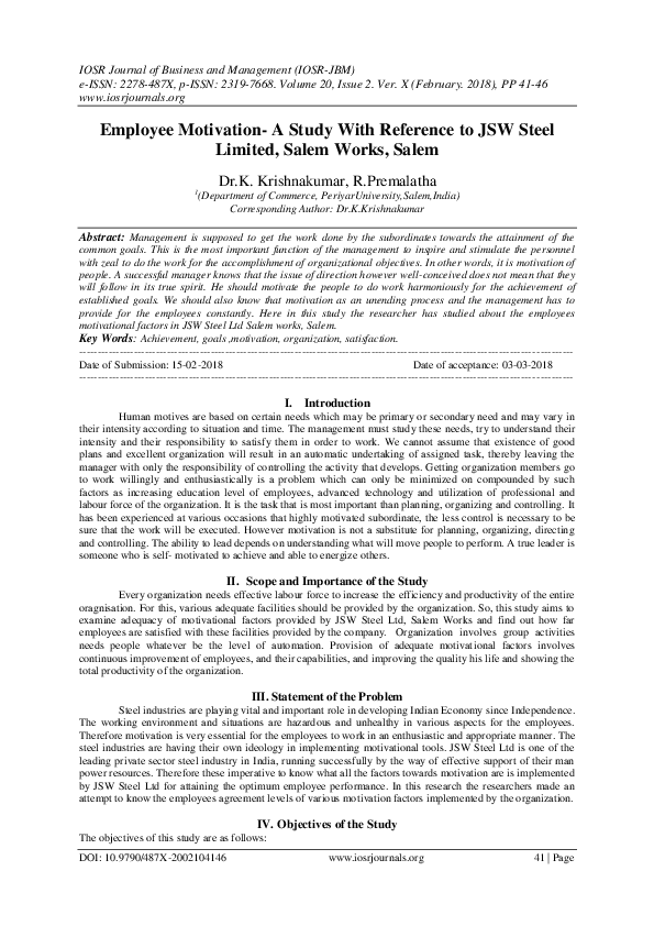 (PDF) Employee Motivation-A Study With Reference to JSW Steel Limited ...