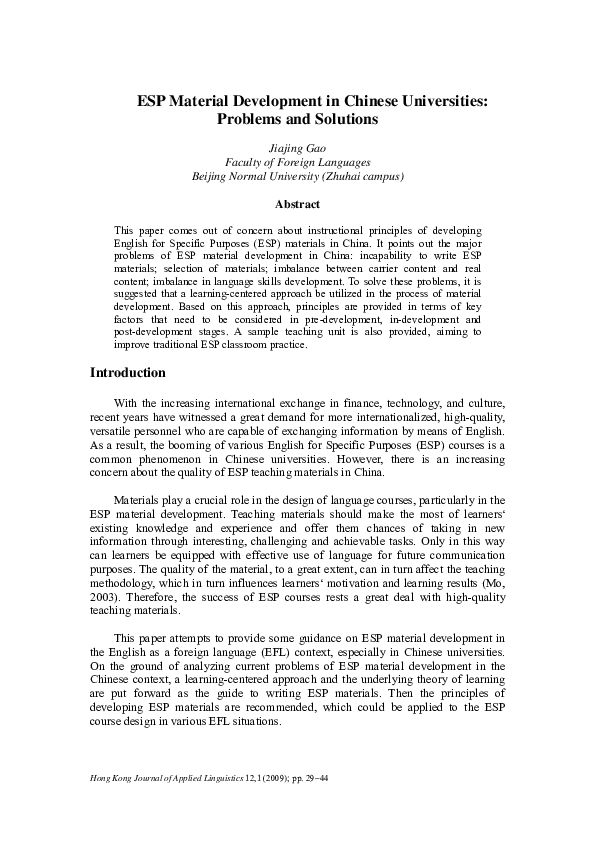 (PDF) ESP Material Development in Chinese Universities: Problems and Solutions
