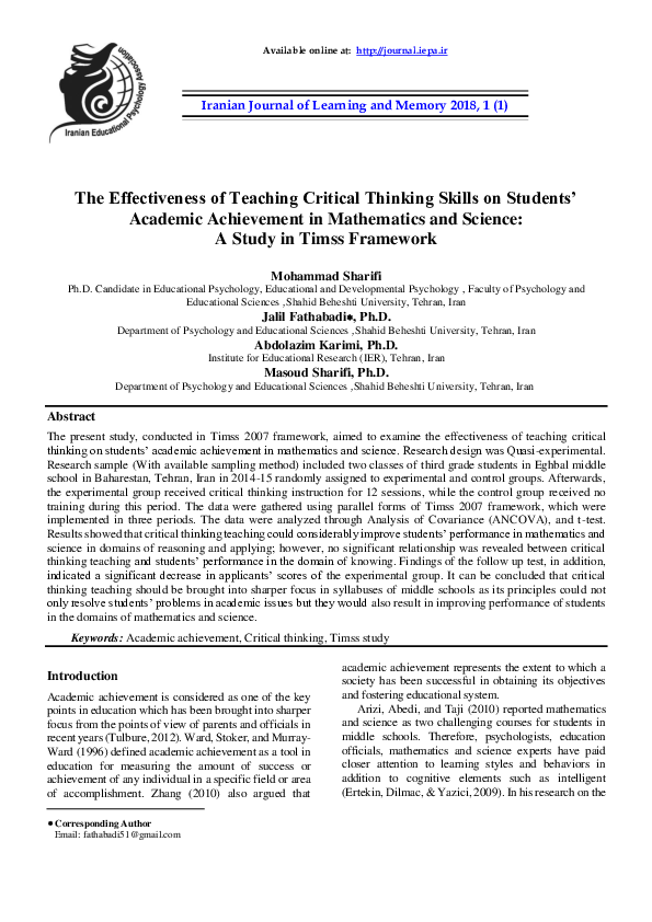 (PDF) The Effectiveness of Teaching Critical Thinking Skills on Students’ Academic Achievement ...