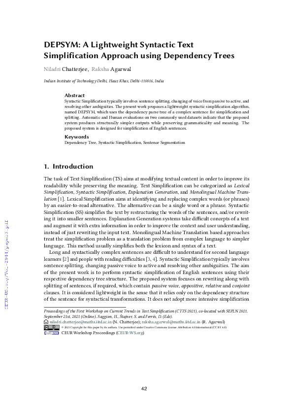 Pdf Depsym A Lightweight Syntactic Text Simplification Approach Using Dependency Trees