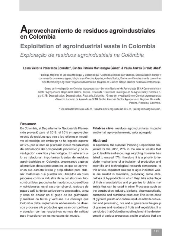(PDF) Aprovechamiento de residuos agroindustriales en Colombia
