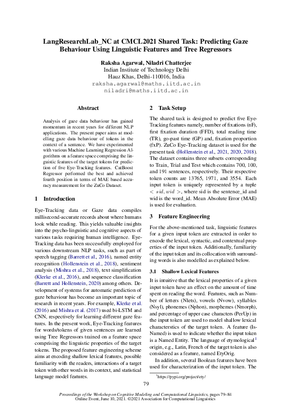 Pdf Langresearchlabnc At Cmcl2021 Shared Task Predicting Gaze Behaviour Using Linguistic