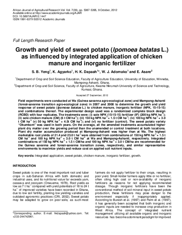 (PDF) Growth and yield of sweet potato (Ipomoea batatas L.) as influenced by integrated ...