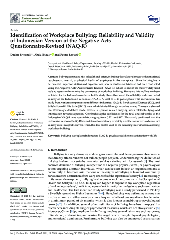 (PDF) Identification of Workplace Bullying: Reliability and Validity of ...