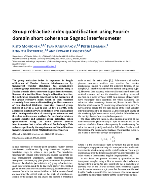 Pdf Group Refractive Index Quantification Using A Fourier Domain Short Coherence Sagnac