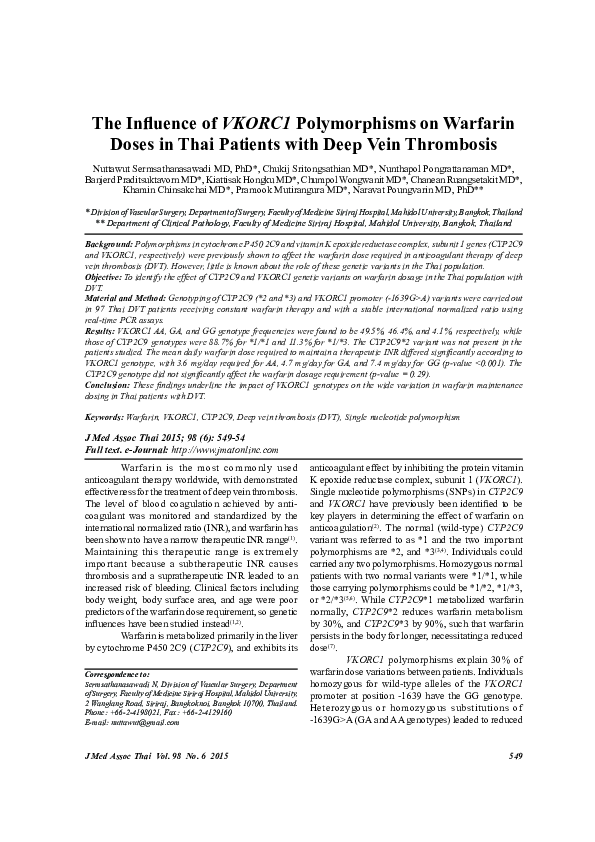(PDF) The Influence of VKORC1 Polymorphisms on Warfarin Doses in Thai ...
