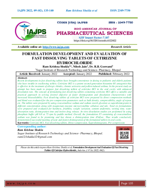 Pdf Formulation Development And Evaluation Of Fast Dissolving Tablets Of Cetirizine Hydrochloride
