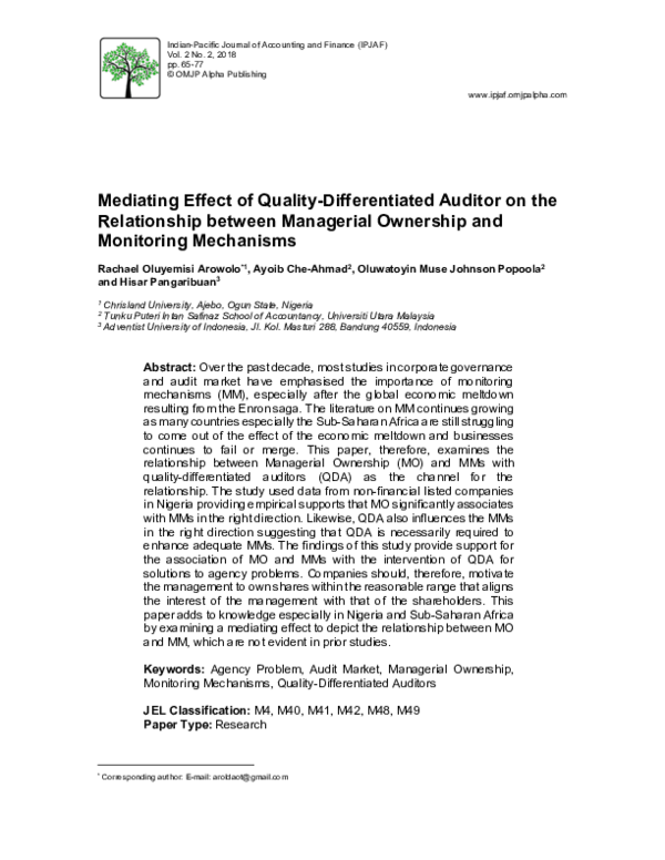 (PDF) Mediating Effect of Quality-Differentiated Auditor on the Relationship between Managerial ...
