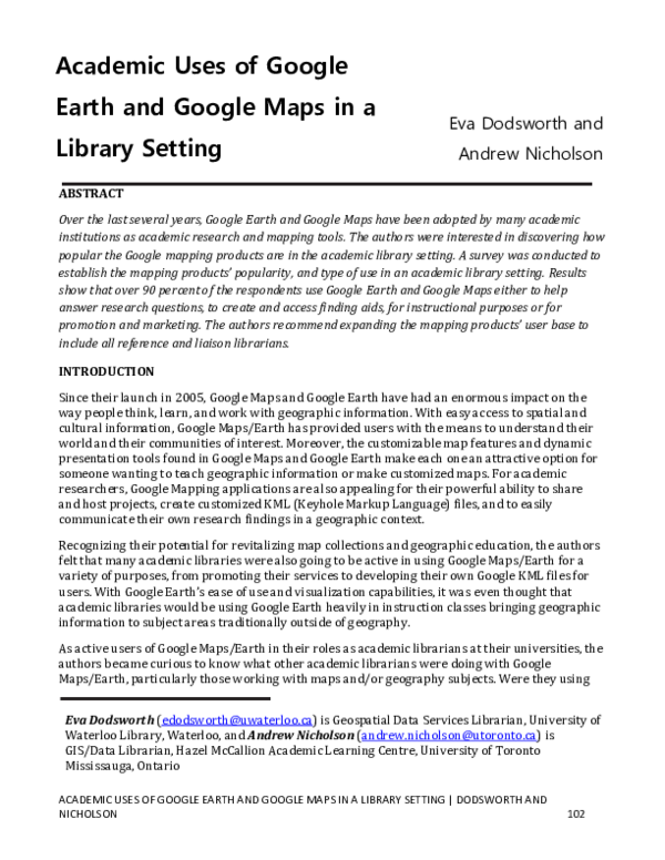 (PDF) Academic Uses of Google Earth and Google Maps in a Library Setting