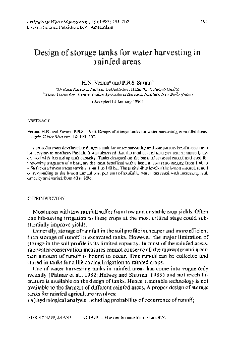 (PDF) Design of storage tanks for water harvesting in rainfed areas