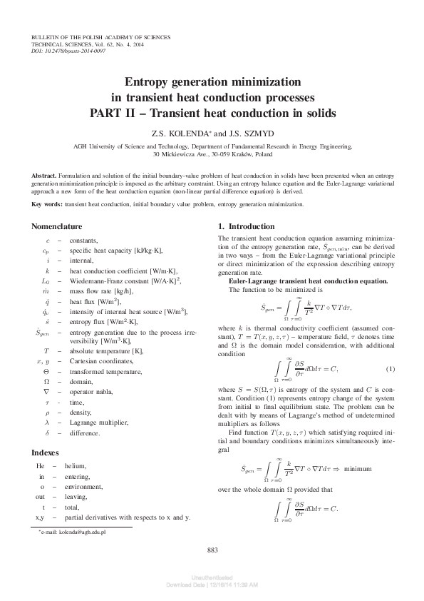 (PDF) Entropy generation minimization in transient heat conduction processes PART II – Transient ...