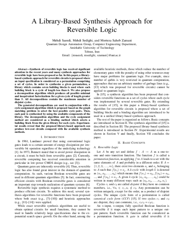 (PDF) A Library-Based Synthesis Approach for Reversible Logic
