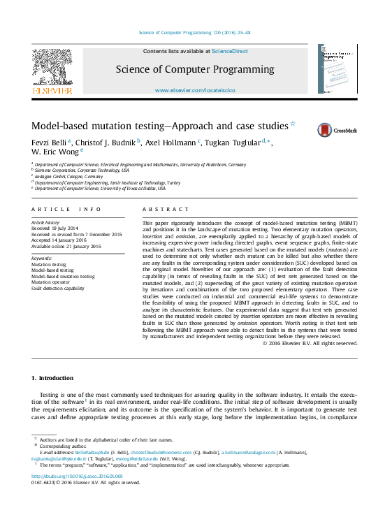 (PDF) Model-based mutation testing–approach and case studies | Christof ...