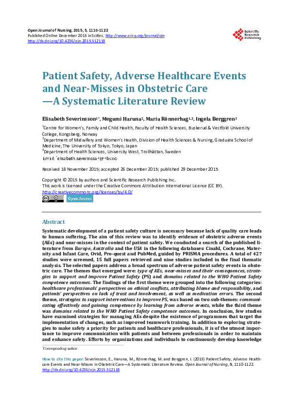 (PDF) Patient Safety, Adverse Healthcare Events and Near-Misses in ...