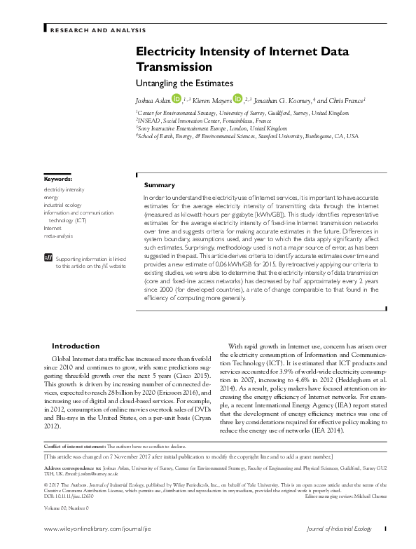 (PDF) Electricity Intensity of Internet Data Transmission: Untangling ...