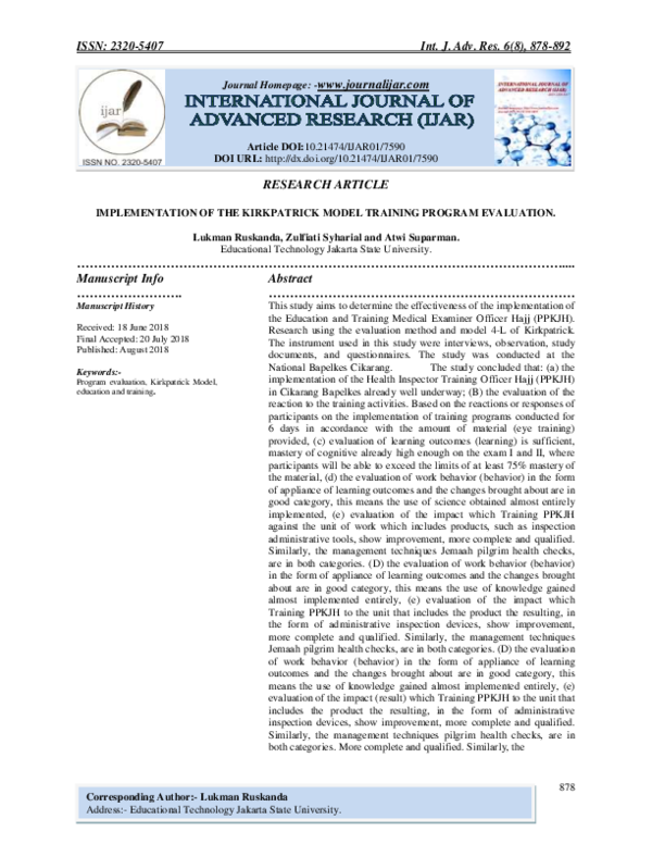 (PDF) Implementation of the Kirkpatrick Model Training Program Evaluation