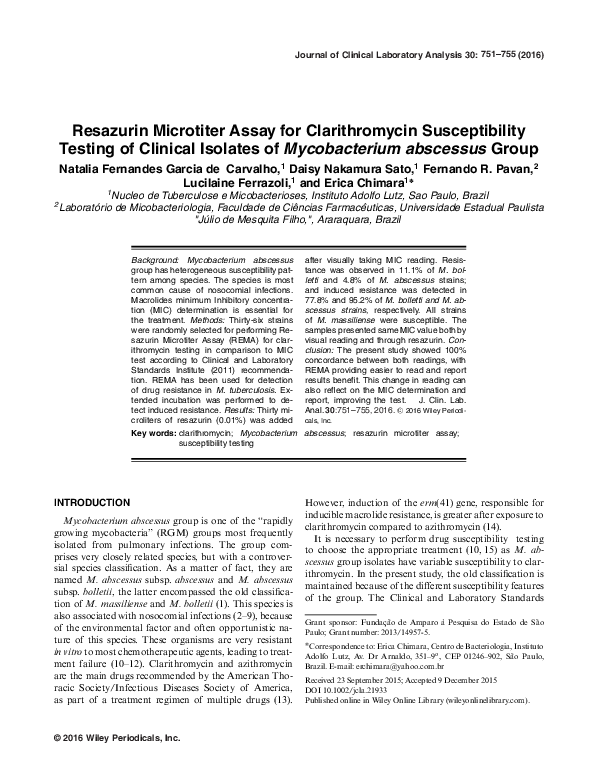 (PDF) Resazurin Microtiter Assay for Clarithromycin Susceptibility ...