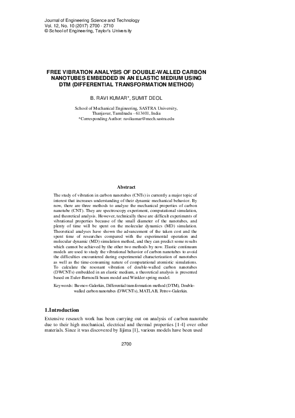 Pdf Free Vibration Analysis Of Double Walled Carbon Nanotubes Embedded In An Elastic Medium