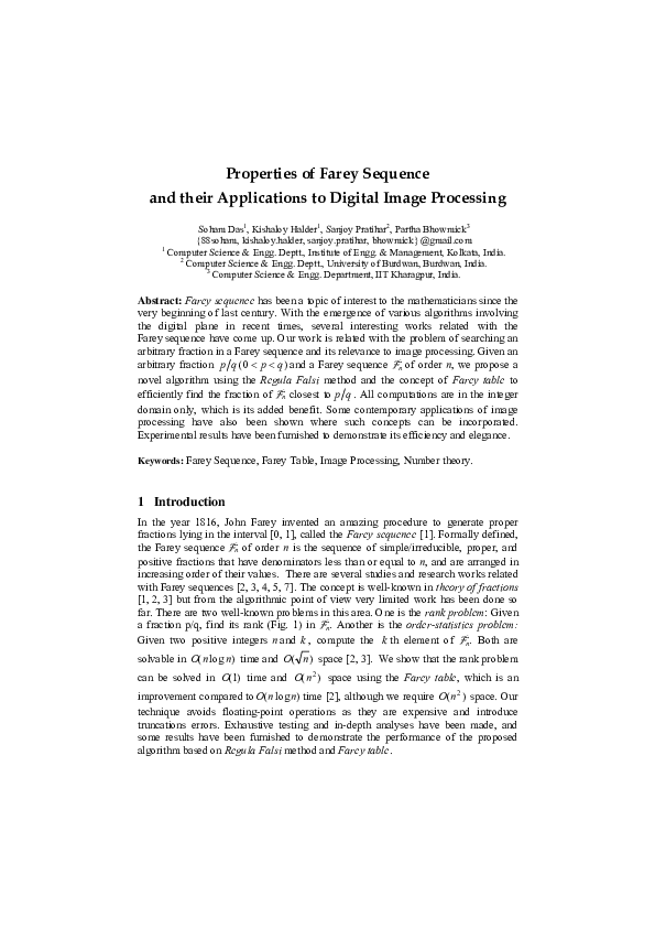 (PDF) Properties of Farey Sequence and their Applications to Digital Image Processing