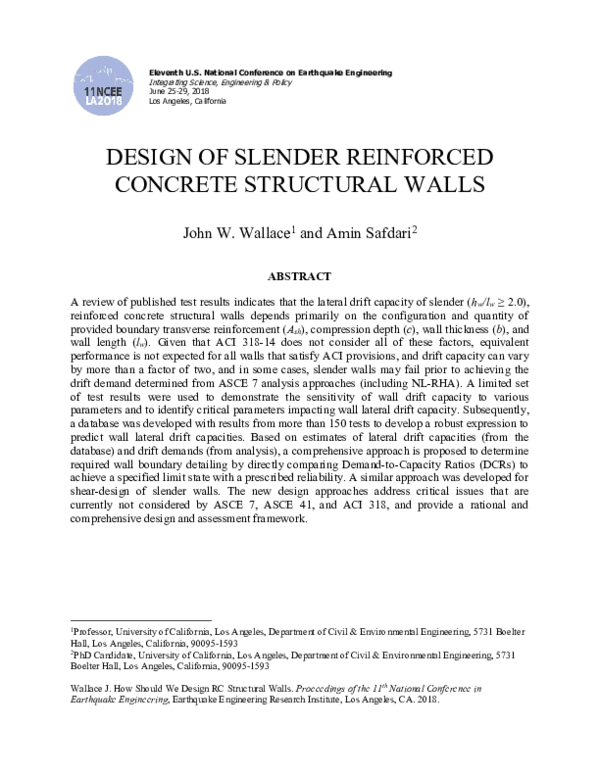 (PDF) Design of Slender Reinforced Concrete Structural Walls