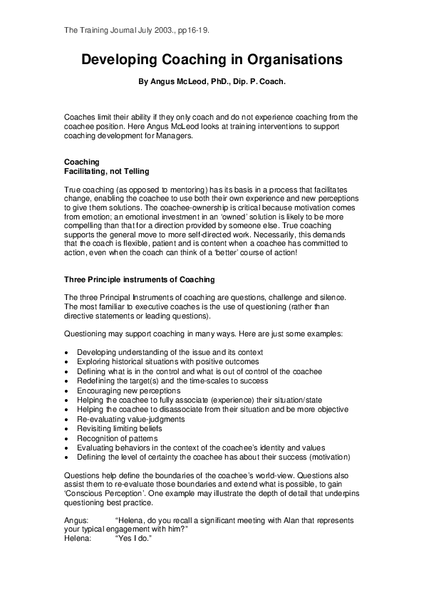 (PDF) Developing Coaching In Organisations: How to Use the Principle Instruments