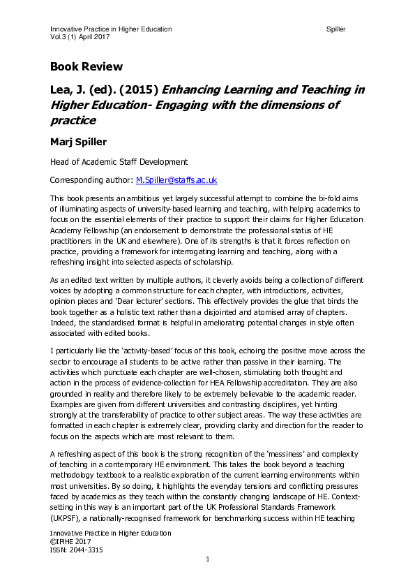 (PDF) Enhancing learning and teaching in higher education: engaging ...