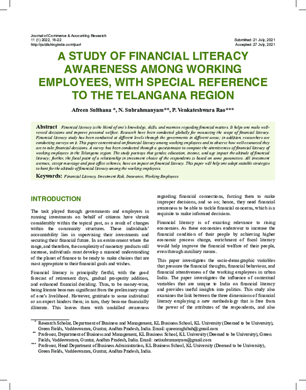 (PDF) A Study on Financil Literacy Awareness among working employees with special reference to ...