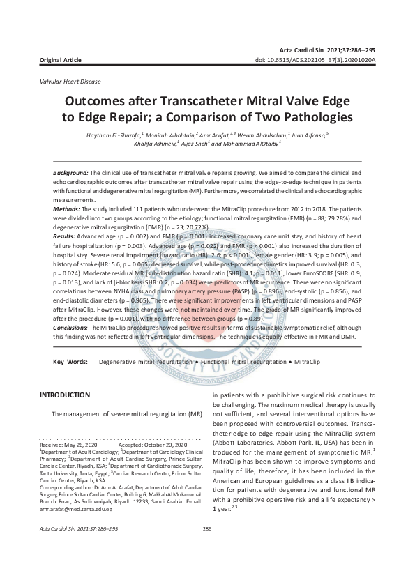(PDF) Outcomes after Transcatheter Mitral Valve Edge to Edge Repair; a Comparison of Two ...