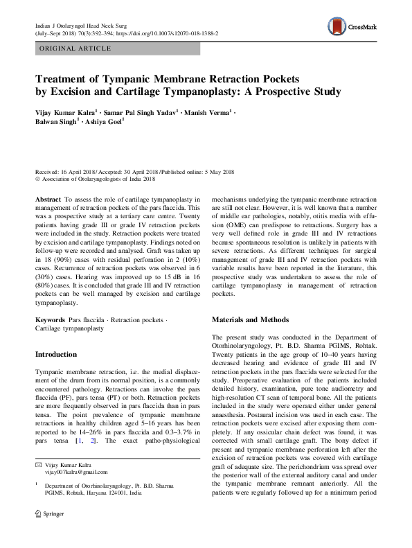(PDF) Treatment of Tympanic Membrane Retraction Pockets by Excision and ...