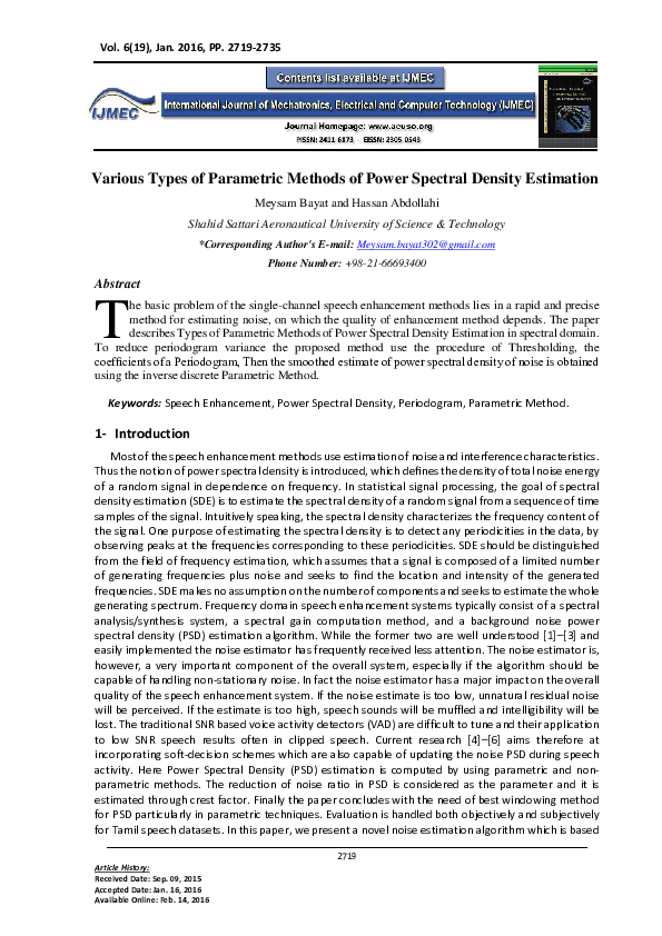 Pdf Various Types Of Parametric Methods Of Power Spectral Density Estimation