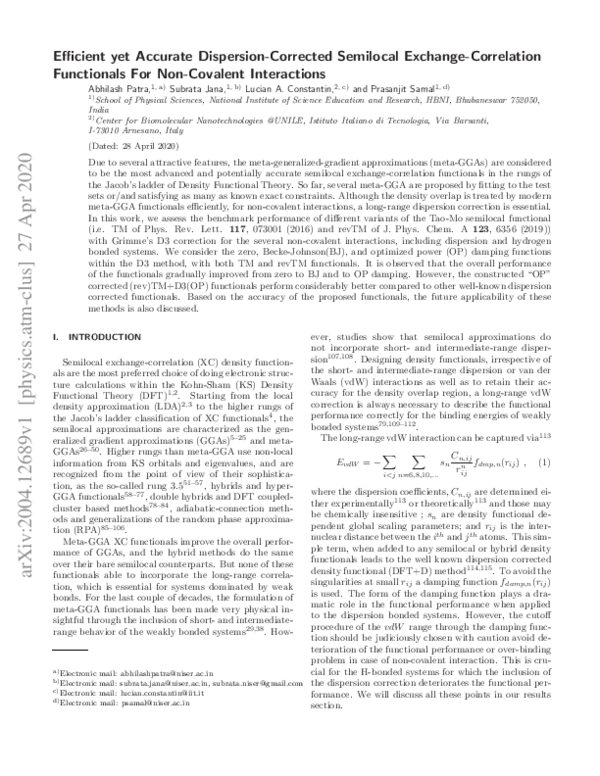 (PDF) Meta-GGA Functionals for Non-Covalent Interactions