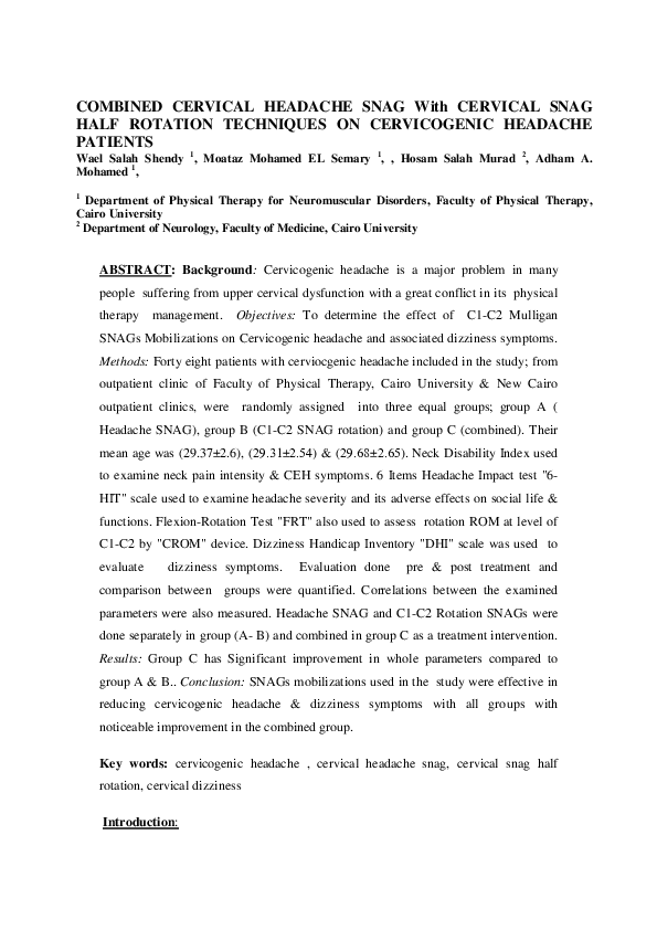 (PDF) COMBINED CERVICAL HEADACHE SNAG With CERVICAL SNAG HALF ROTATION ...