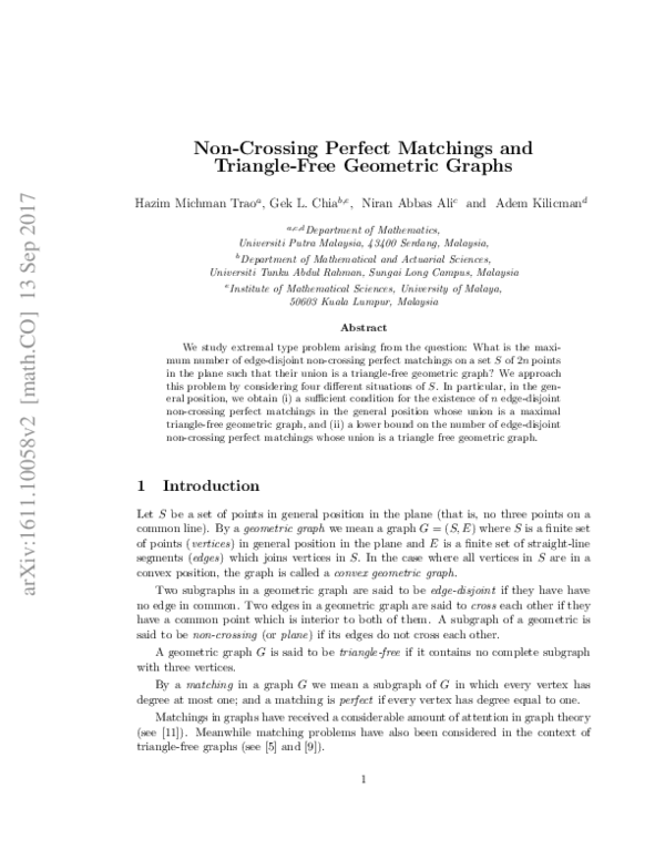 (PDF) Non-Crossing Perfect Matchings and Triangle-Free Geometric Graphs