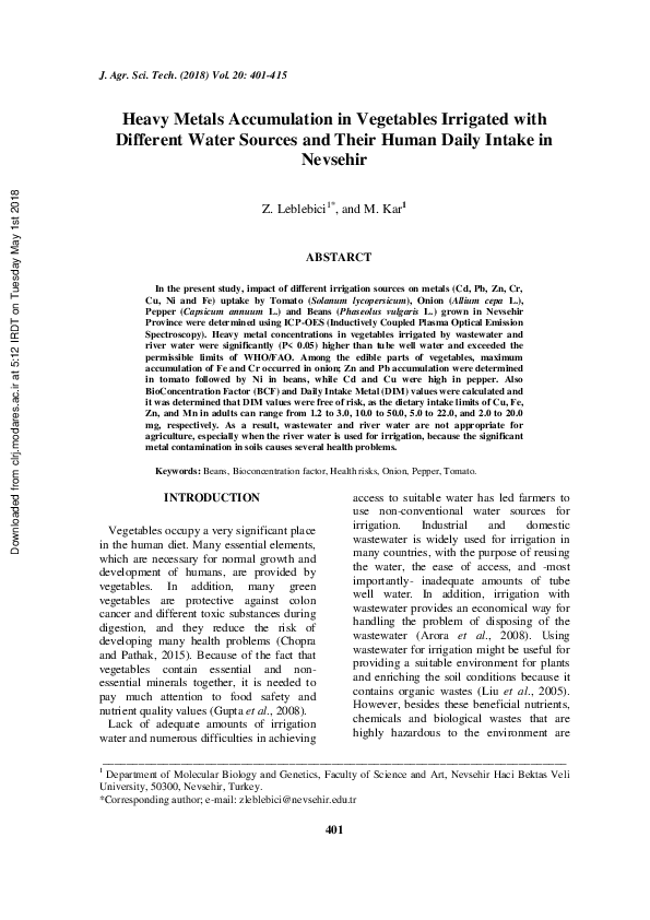 (PDF) Heavy Metals Accumulation in Vegetables Irrigated with Different ...