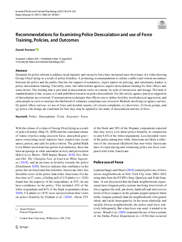 (PDF) Recommendations for Examining Police Deescalation and use of ...
