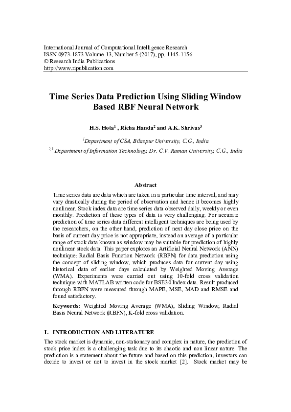 (PDF) Time Series Data Prediction Using Sliding Window Based RBF Neural Network