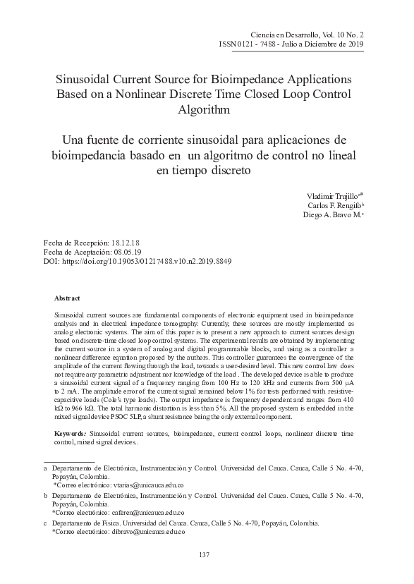 Pdf A Sinusoidal Current Source For Bioimpedance Applications Based On A Nonlinear Discrete