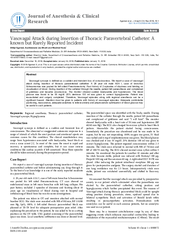 (PDF) Vasovagal Attack during Insertion of Thoracic Paravertebral ...