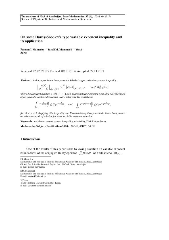 (PDF) On some Hardy-Sobolev’s type variable exponent inequality and its application