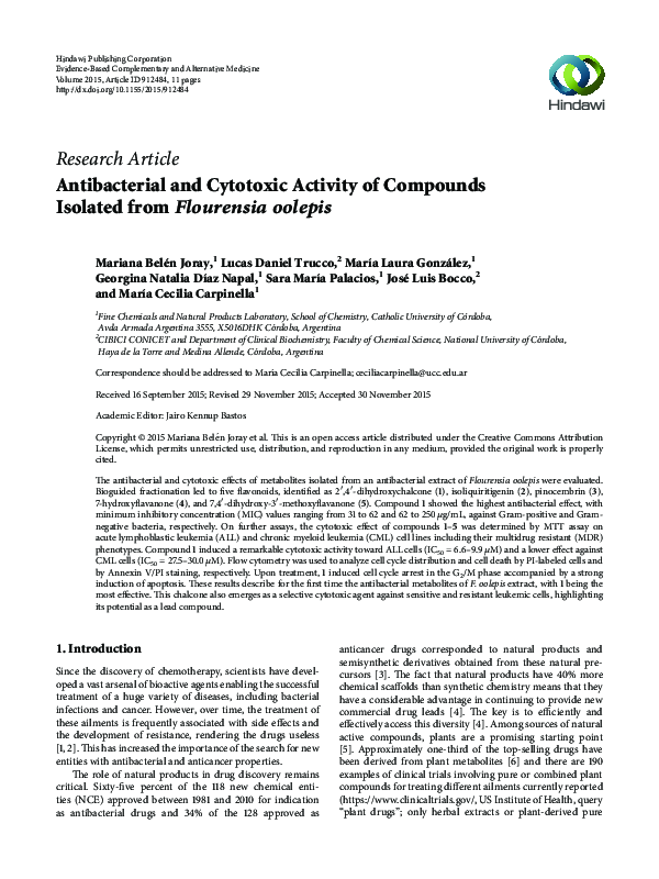 (PDF) Antibacterial and Cytotoxic Activity of Compounds Isolated fromFlourensia oolepis