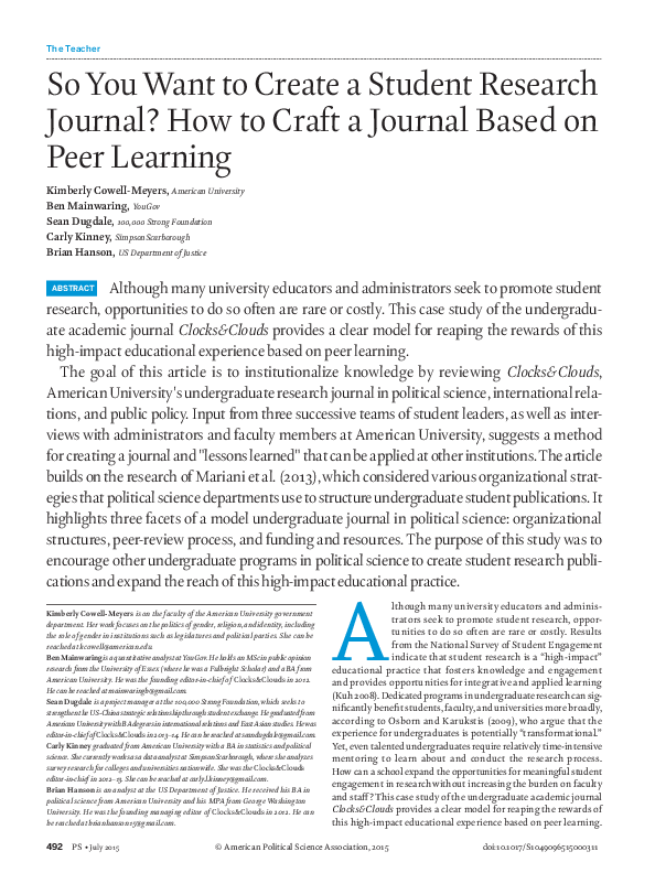 (PDF) So You Want to Create a Student Research Journal? How to Craft a ...