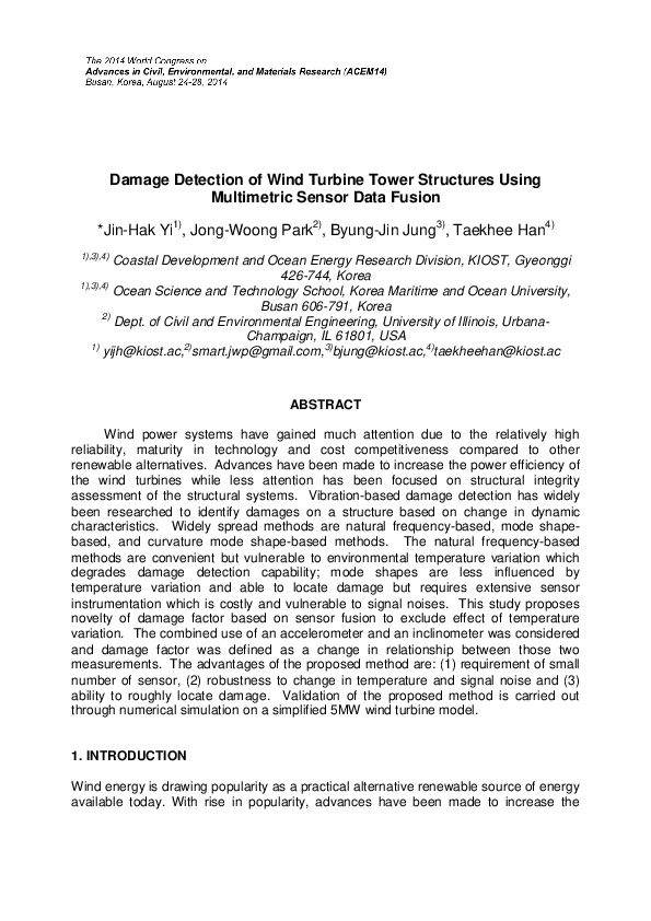 (PDF) Damage Detection of Wind Turbine Tower Structures Using Multimetric Sensor Data Fusion