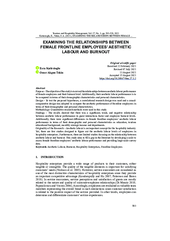 (PDF) EXAMINING THE RELATIONSHIPS BETWEEN FEMALE FRONTLINE EMPLOYEES ...
