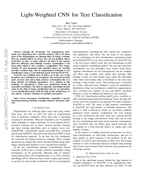 (PDF) Light-Weighted CNN for Text Classification