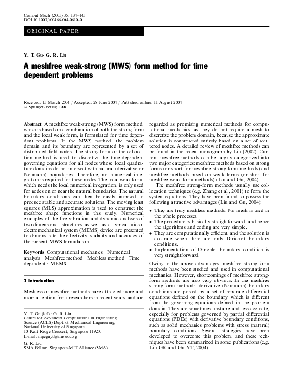 (PDF) A meshfree weak-strong (MWS) form method for time dependent problems