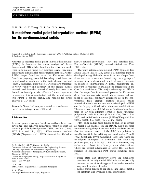 (PDF) A meshfree radial point interpolation method (RPIM) for three-dimensional solids