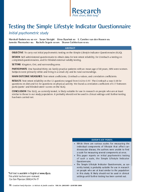 (PDF) Testing the Simple Lifestyle Indicator Questionnaire: Initial ...